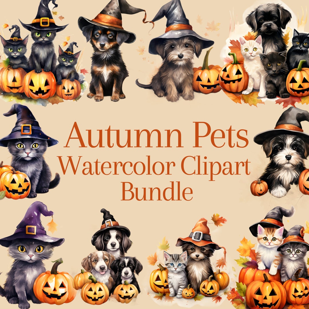 Halloween Pet Watercolor Clipart, Cute Autumn Pets Clipart Bundle, Fall ...