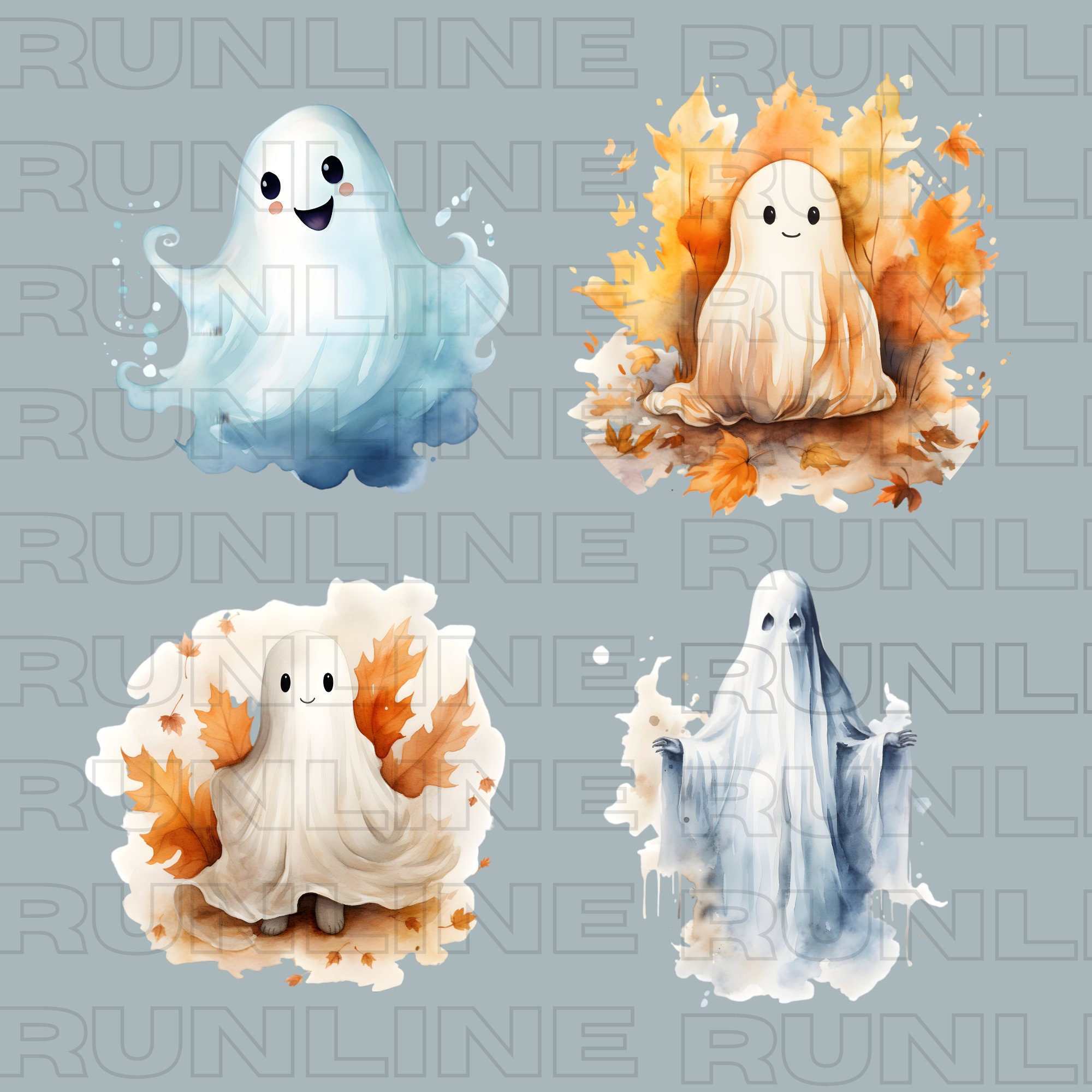 Ghost Watercolor Clipart Bundle, Halloween PNG Clipart, Autumn Clipart ...