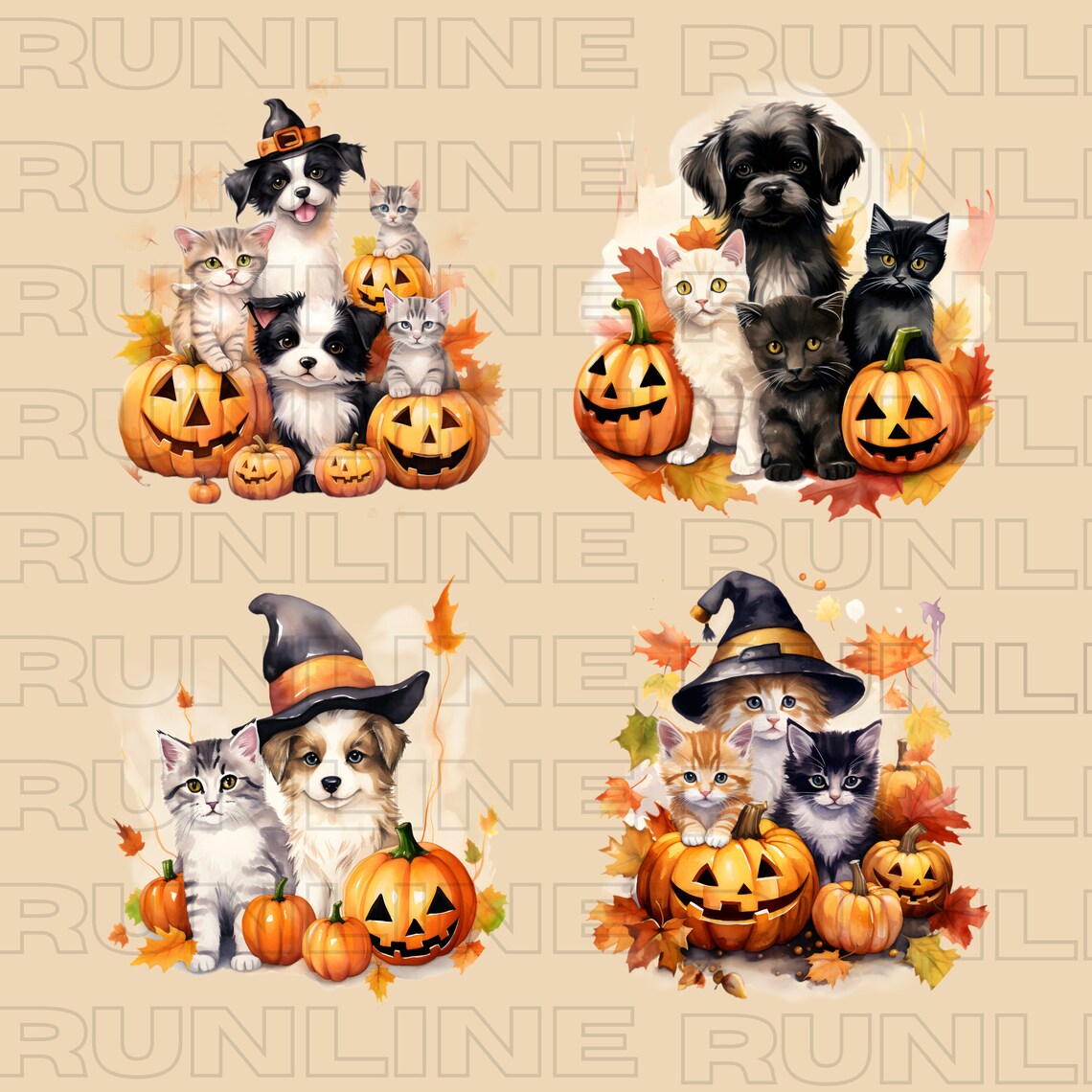 Halloween Pet Watercolor Clipart, Cute Autumn Pets Clipart Bundle, Fall ...