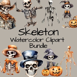 Skeleton Watercolor Clipart Bundle, Halloween PNG Clipart, Autumn ...