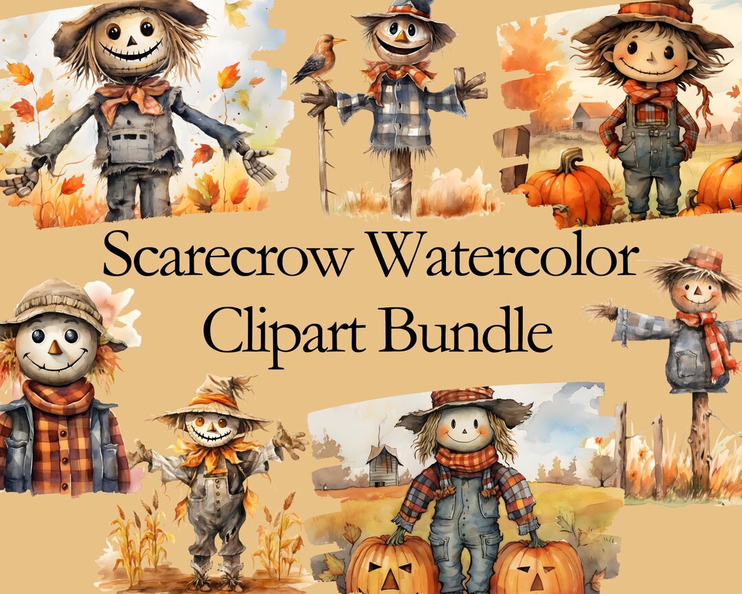 Scarecrow Watercolor Clipart Bundle, Autumn Clipart, Fall PNG Clipart ...