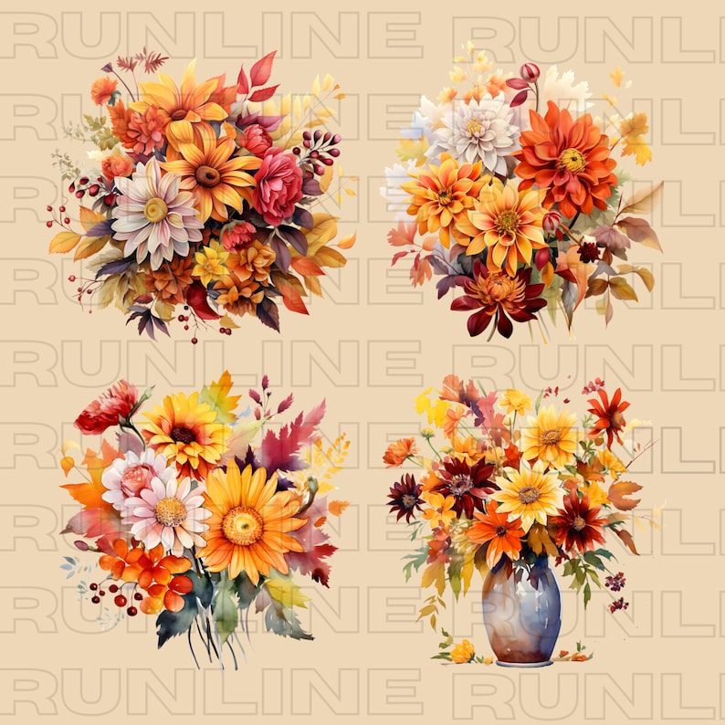 Autumn Flowers Watercolor Clipart Bundle, Fall Flowers Digital Download ...