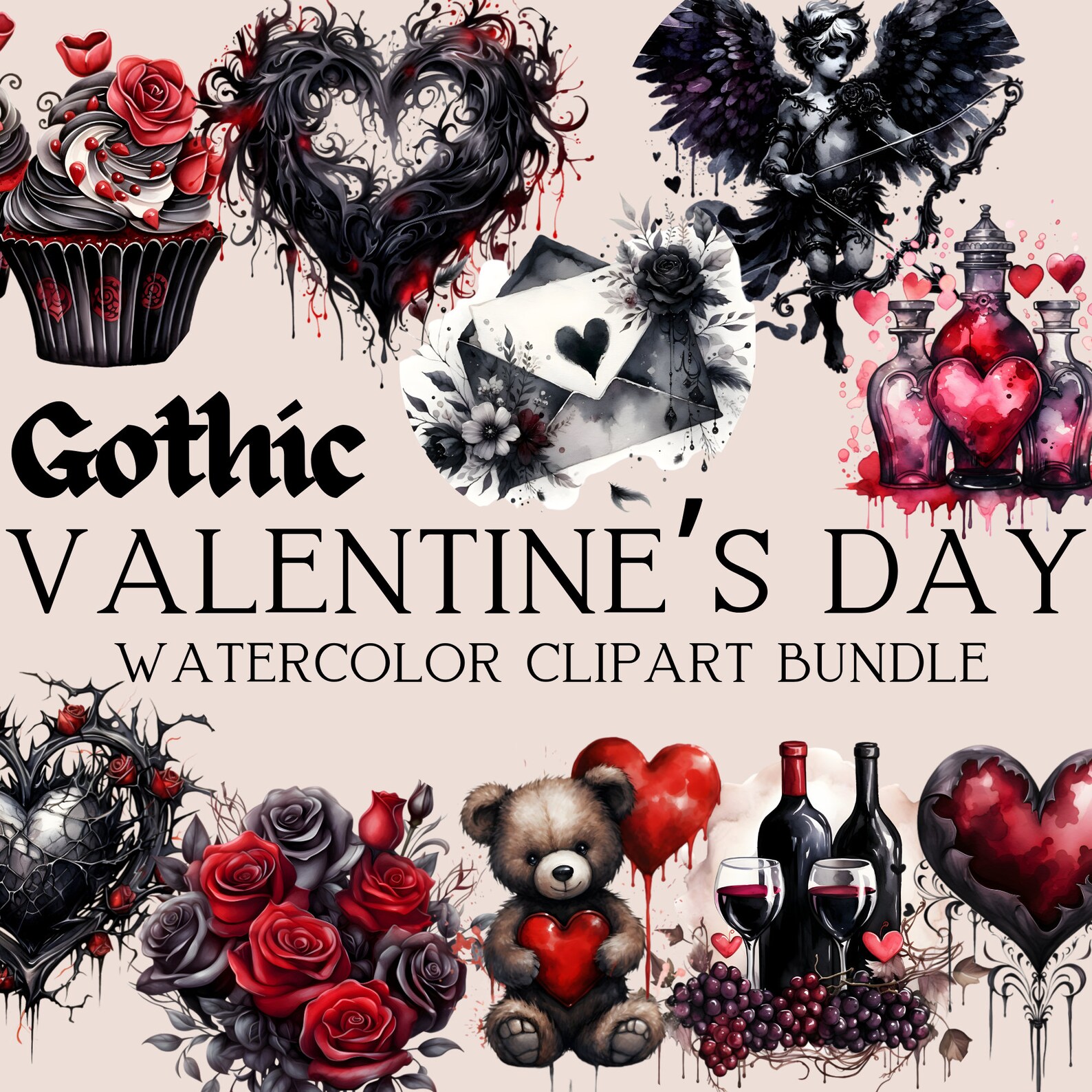 Gothic Valentine's Day PNG Bundle, Watercolor Gothic Valentine's Day ...
