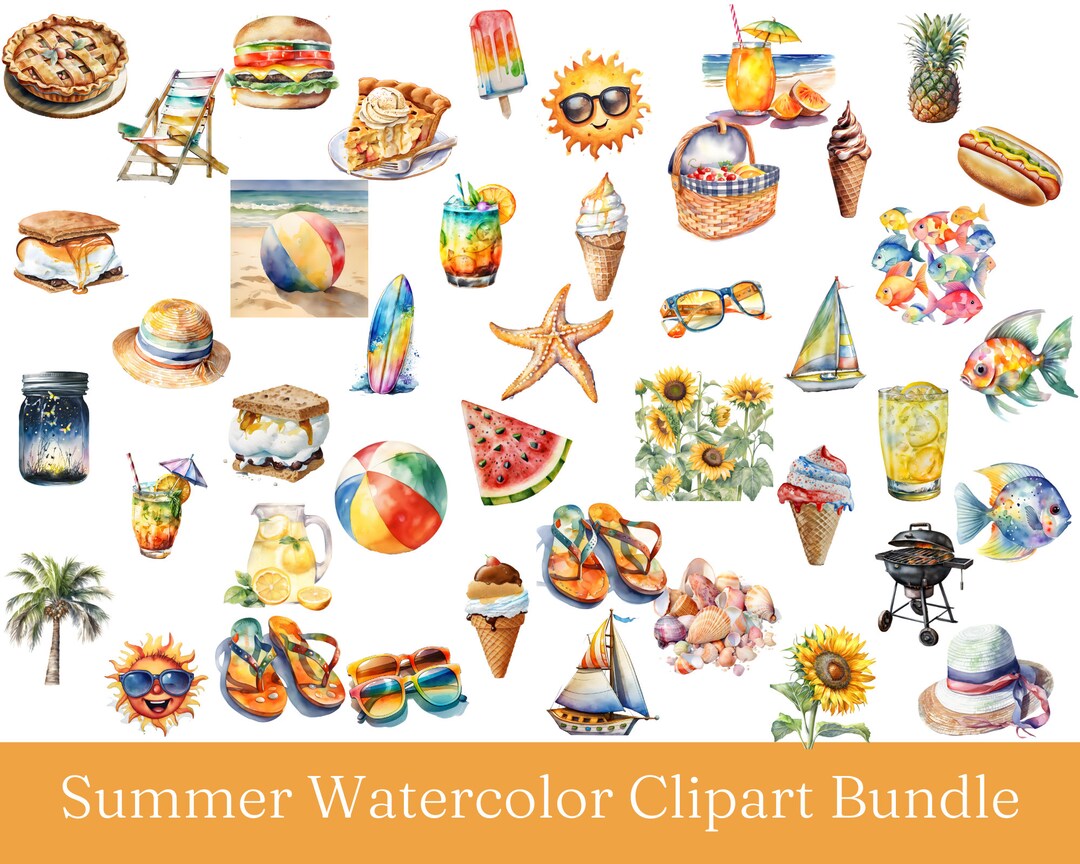 Summer Clipart Bundle, Watercolor Summer PNG & SVG Clipart Bundle ...