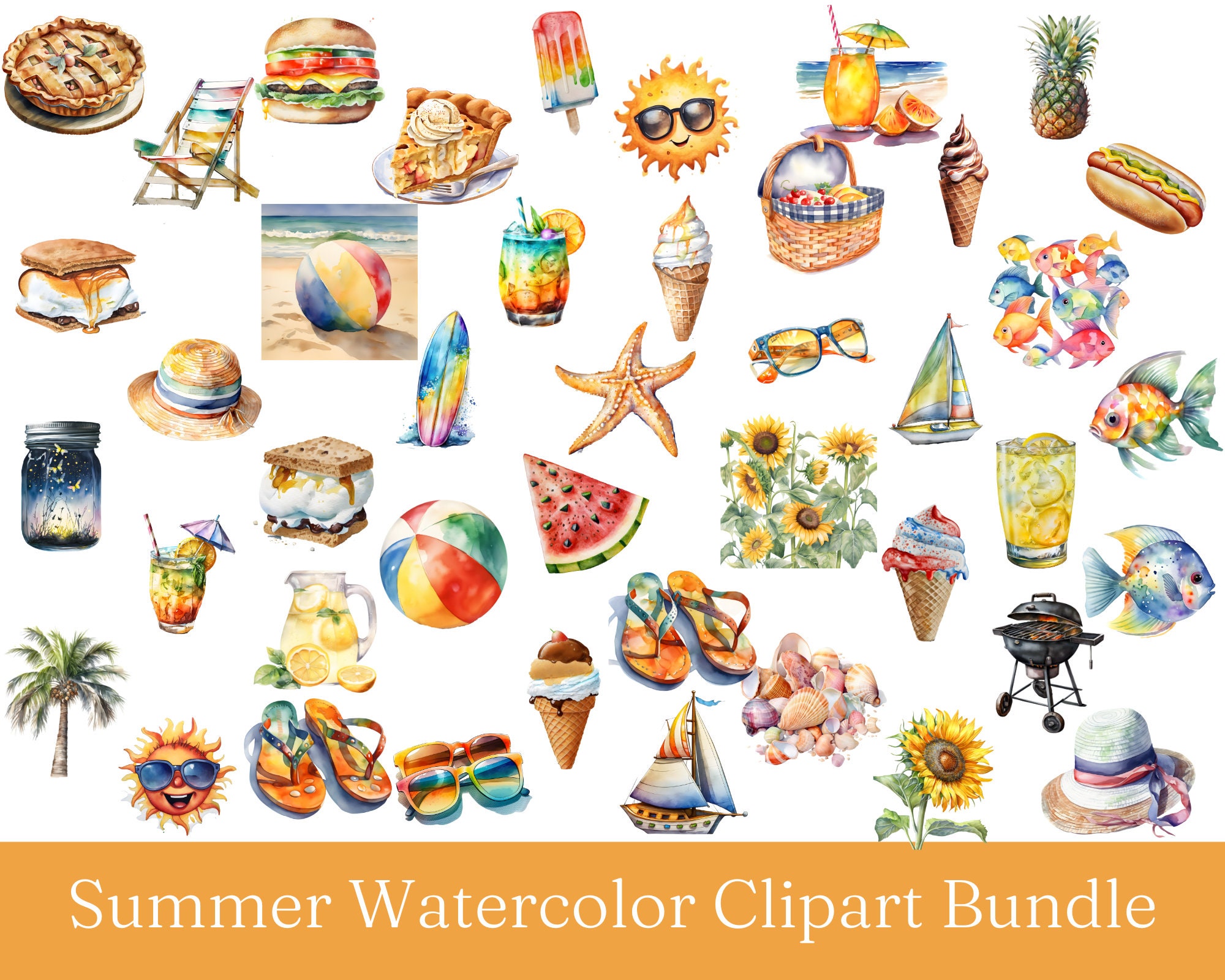 Summer Clipart Bundle, Watercolor Summer PNG & SVG Clipart Bundle ...
