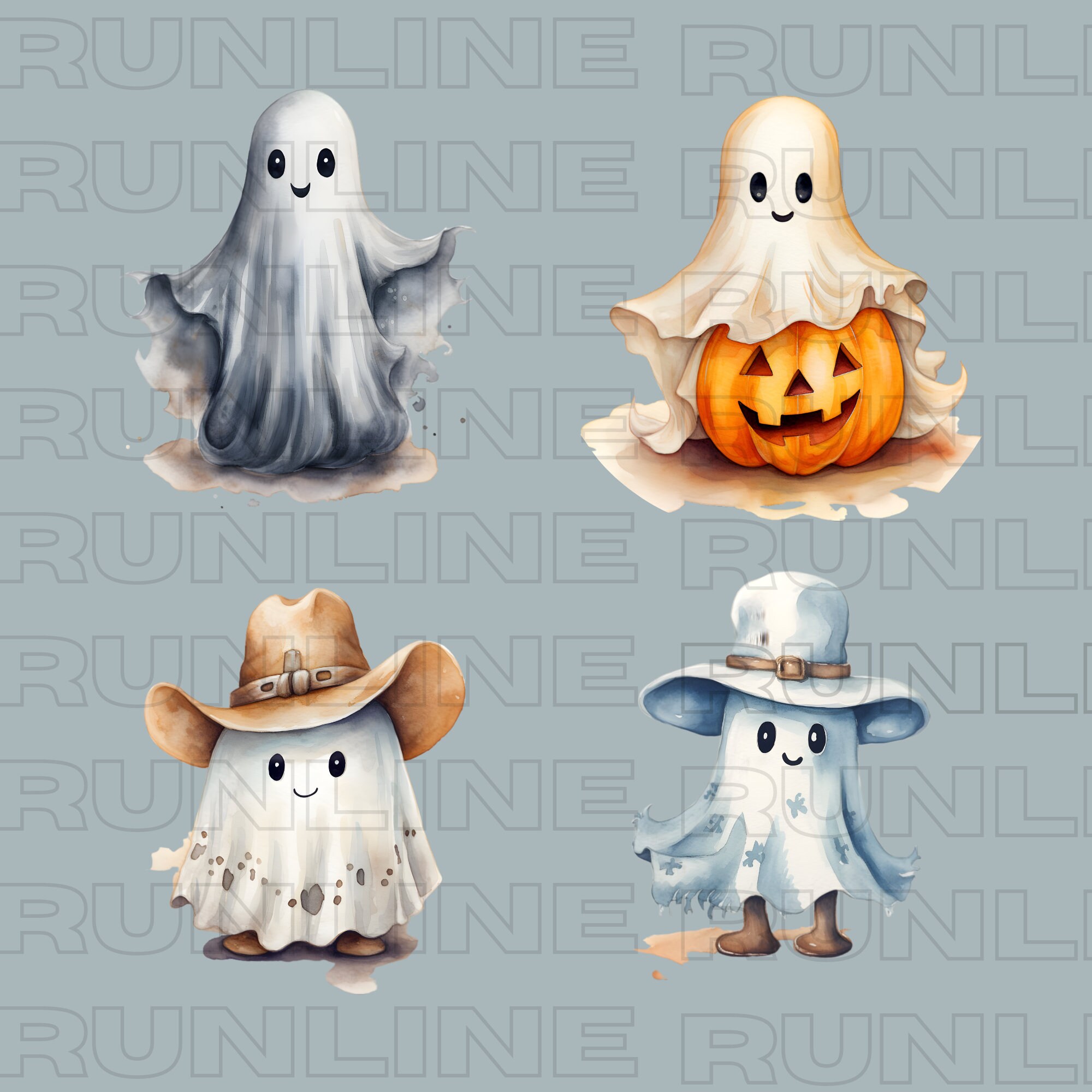 Ghost Watercolor Clipart Bundle, Halloween PNG Clipart, Autumn Clipart ...