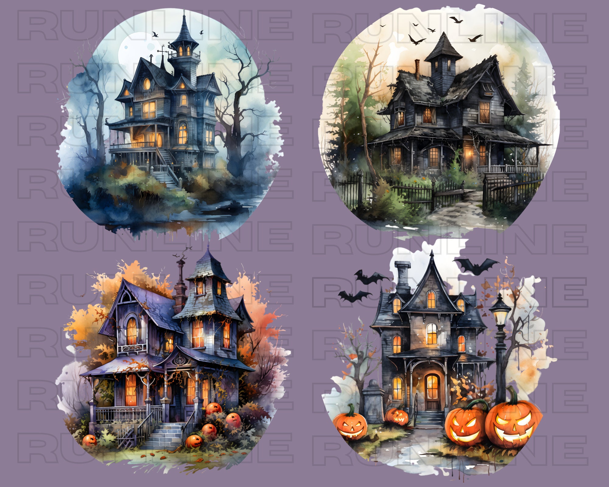 Haunted House Watercolor Clipart Bundle, Autumn Clipart, Halloween PNG ...