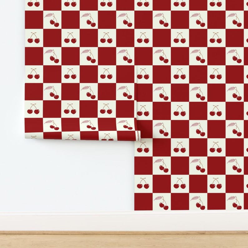Retro Red Cherry Checkerboard Wallpaper - Peel and Stick - Etsy