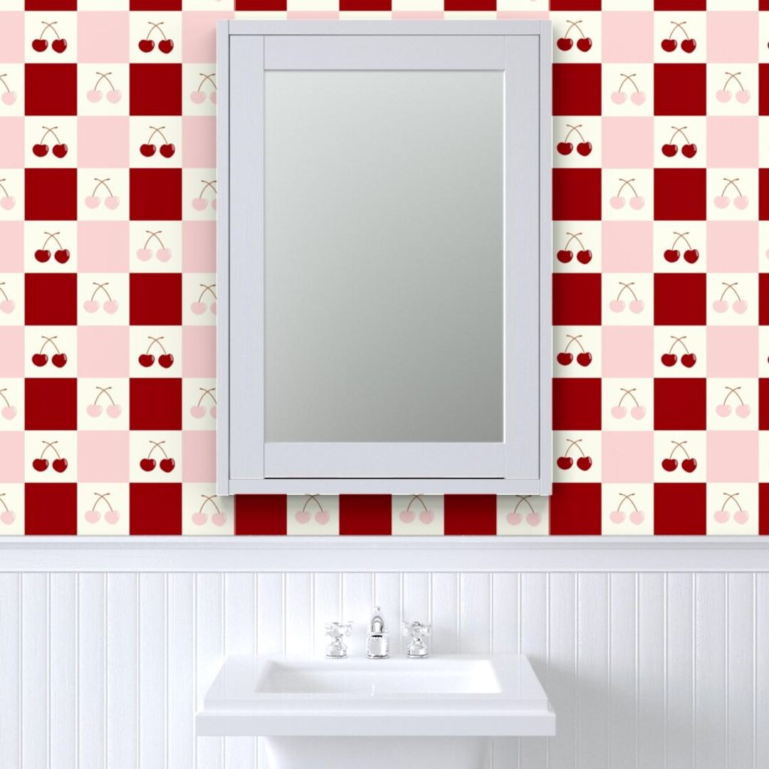 Retro Cherry Checkerboard Wallpaper: Kitsch Kitchen, Peel and Stick - Etsy