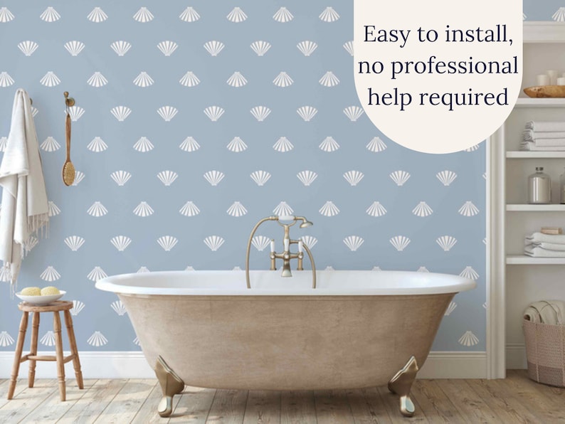 Scallop Sea Shells Wallpaper, Coastal Boho Beach Vibe, Pale Blue Grey ...