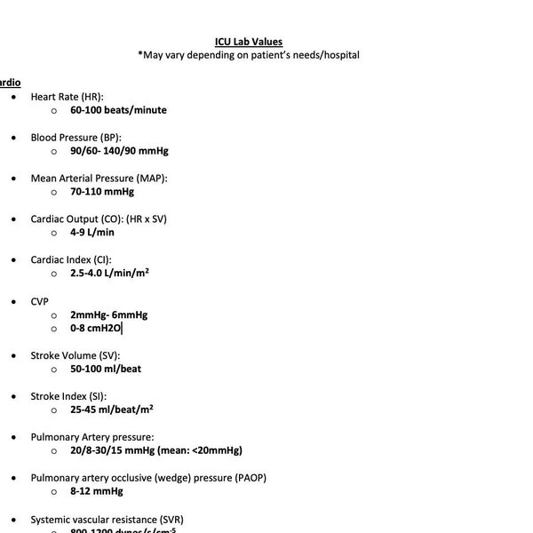 Icu Lab Values - Etsy