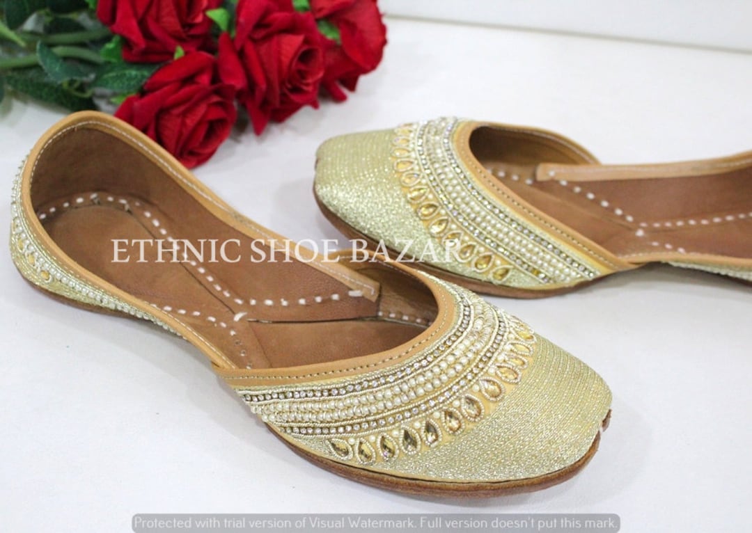 Punjabi Jutti Mojari for Women,gold Beaded Indian Shoes Ethnic Sandals ...