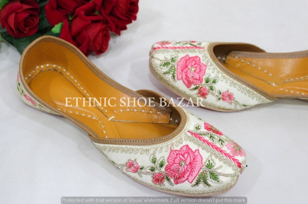White Multi Print Thread Work Jutti for Women's Soft Flat Ethnic ...