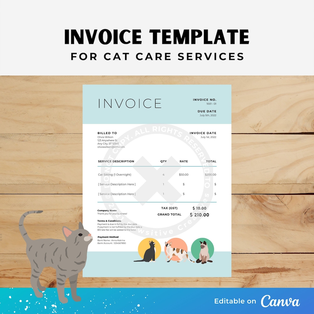 Invoice Template for Cat Care Services Editable Template - Etsy