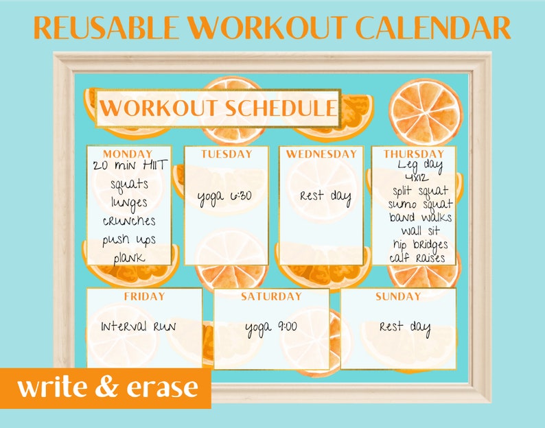 Oranges Reusable Workout Calendar | Weekly Workout Calendar | Write and ...