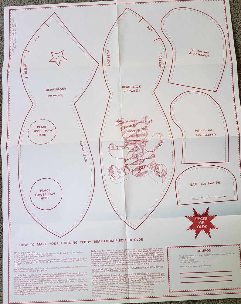 Vintage Hugging Bear Pattern 1982 Pieces of Olde Pattern New Uncut - Etsy