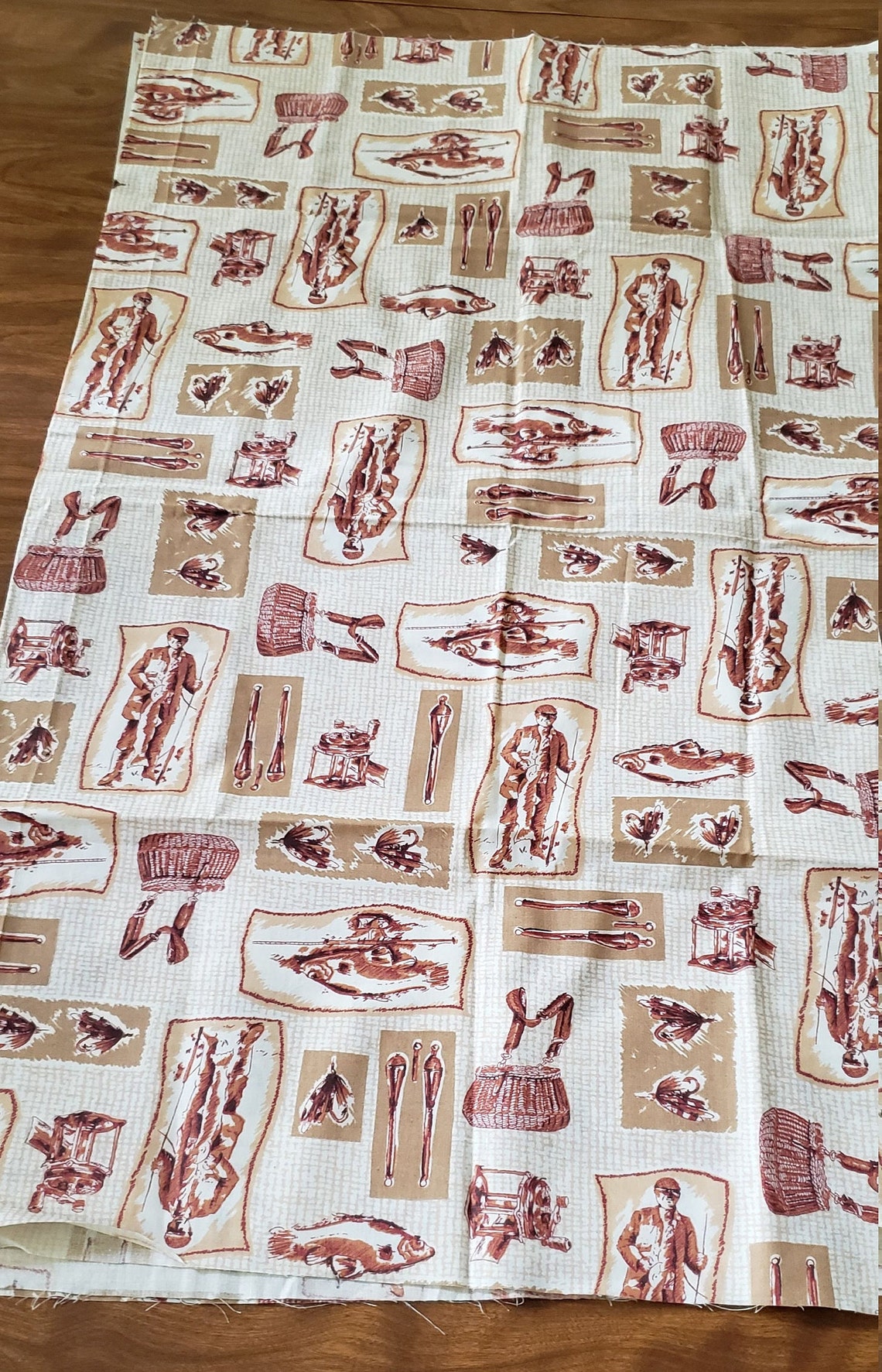 Vintage Angler Print Fabric 100% Cotton Raytex Fabric Inc. 1996 Red ...