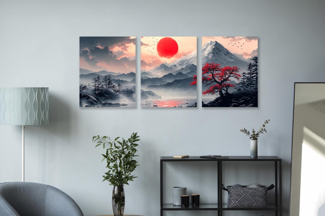 Canvas of a Japanese Landscape With Red Sun. Japanese Style Drawing ...