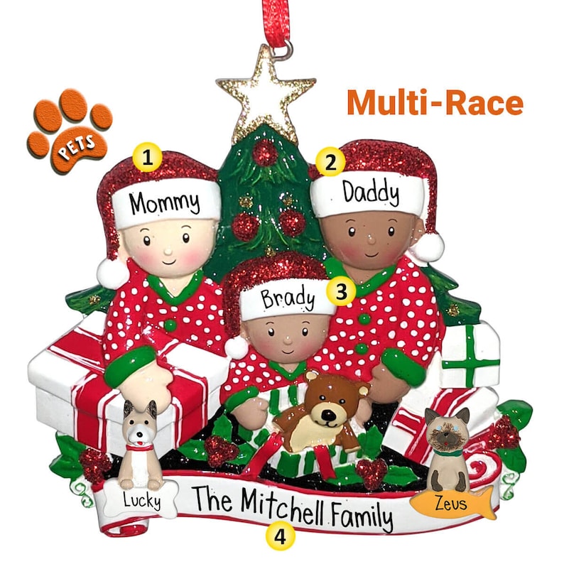 Personalized Mixed Race Family Christmas Ornament 2,3,4,5,6 – Optional ...