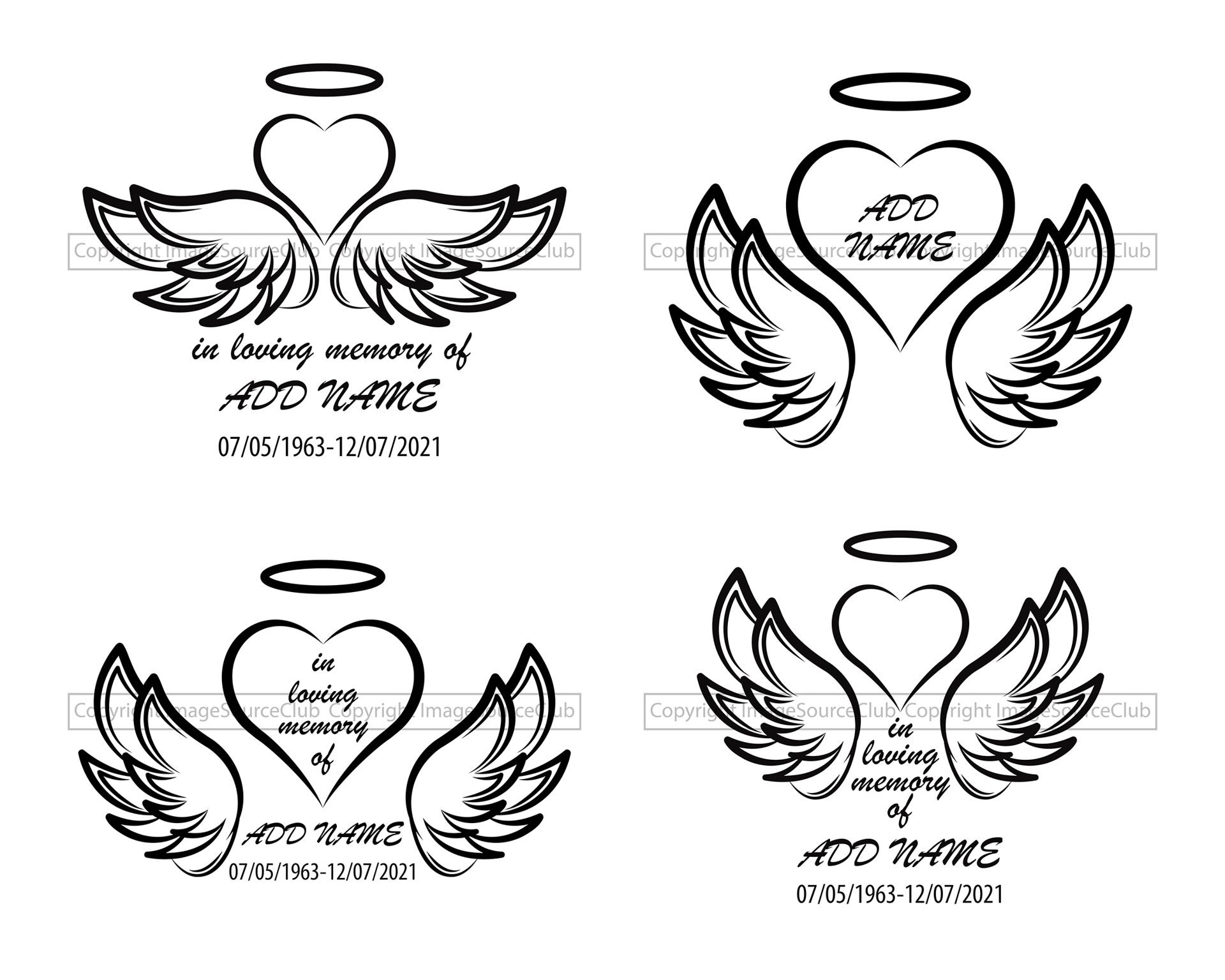 Memorial SVG, PNG JPG Bundle Printable Angel Wings With Halo and Heart ...