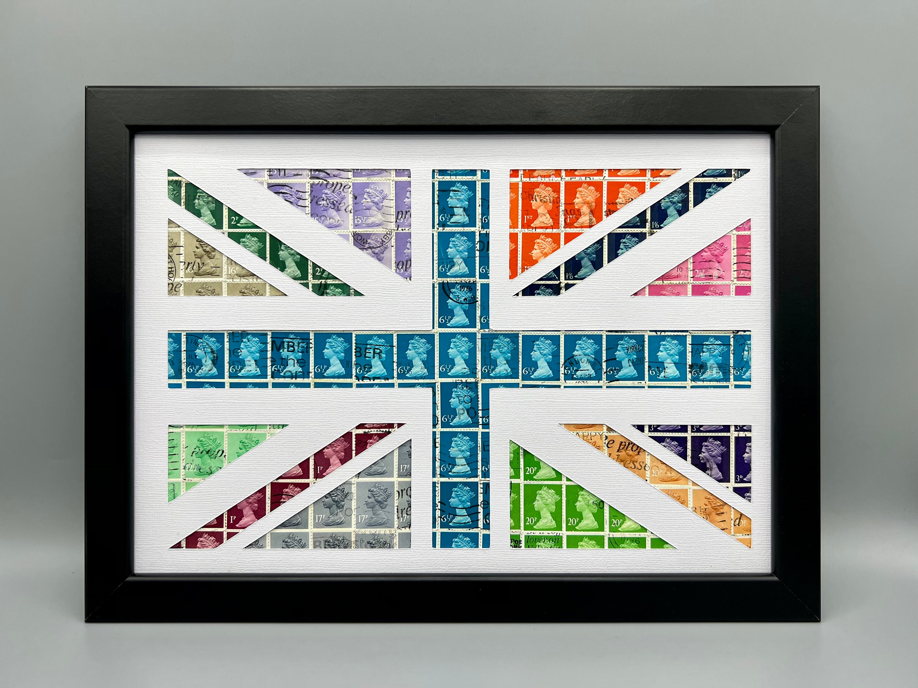 A4 Rainbow Union Jack - Vintage Postage Stamp Art - Union Flag Handmade ...
