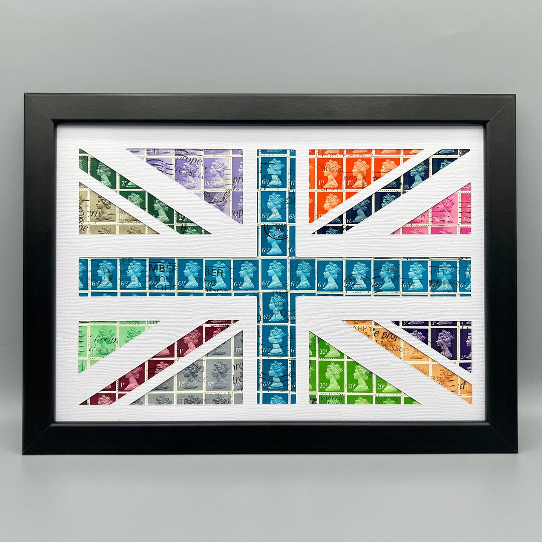 A4 Rainbow Union Jack - Vintage Postage Stamp Art - Union Flag Handmade ...