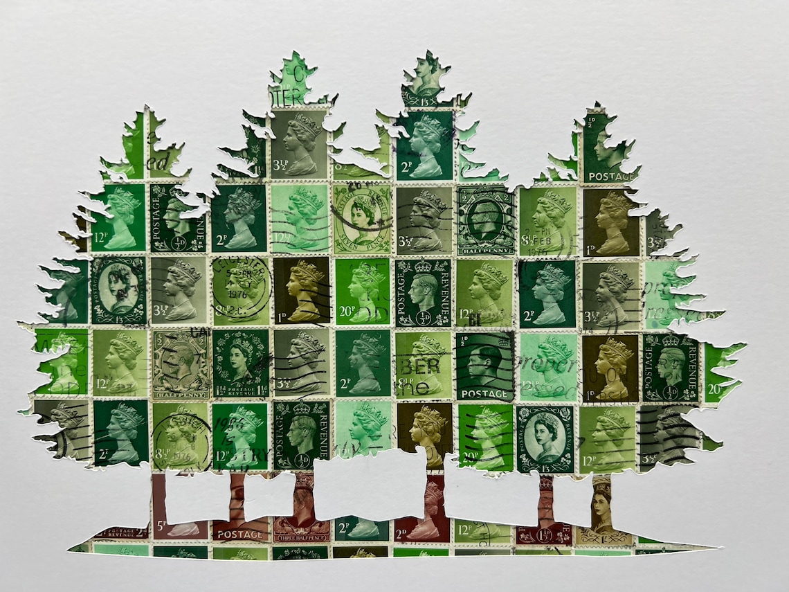 Into the Woods - Vintage Postage Stamp Art - Row of Trees Handmade With ...