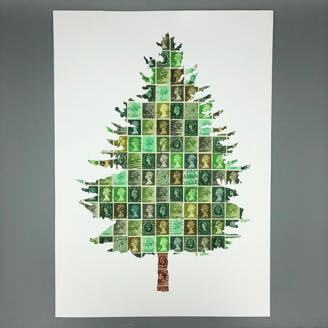A3 Ever Green - Vintage Postage Stamp Art - A Single Tree Handmade With ...
