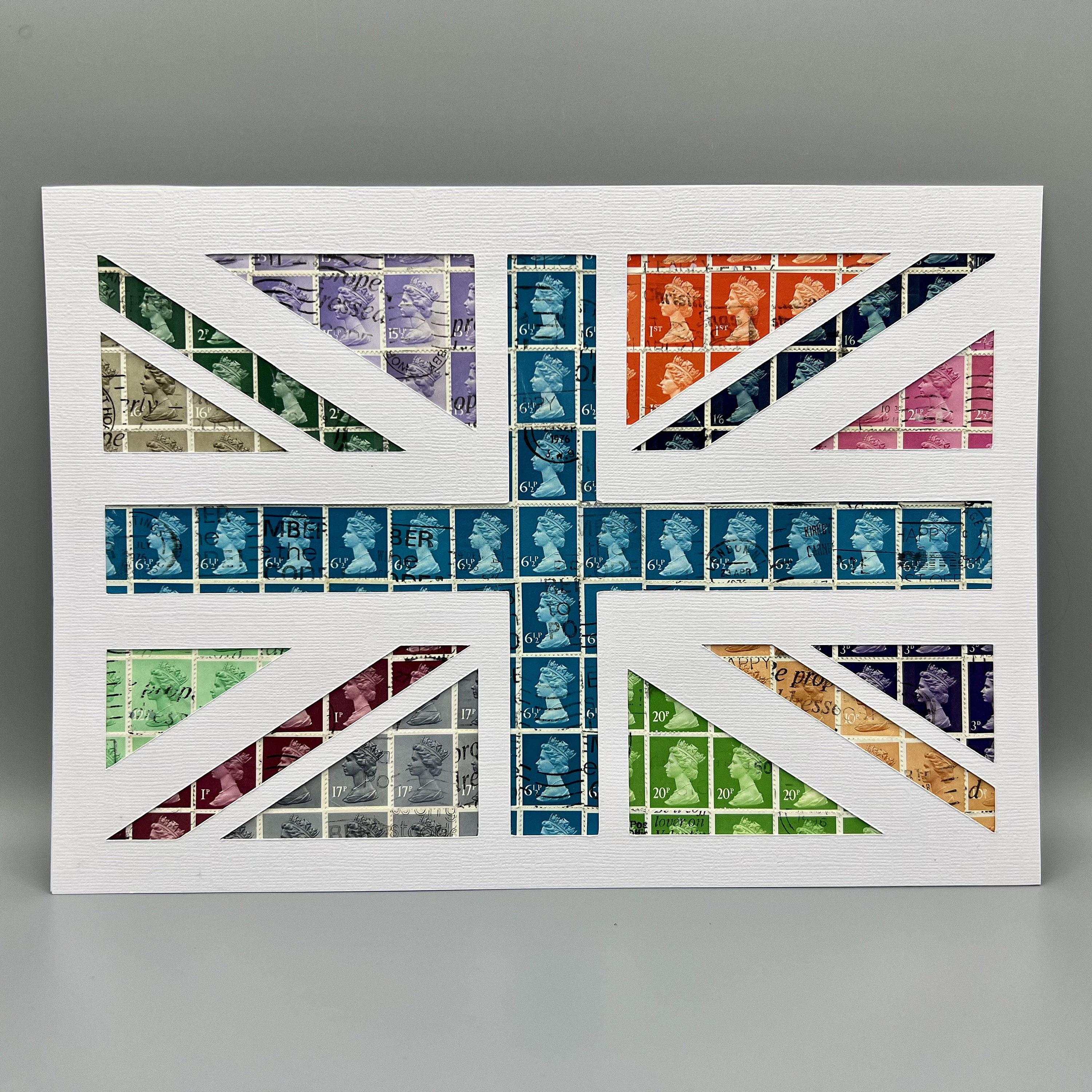 A4 Rainbow Union Jack - Vintage Postage Stamp Art - Union Flag Handmade ...