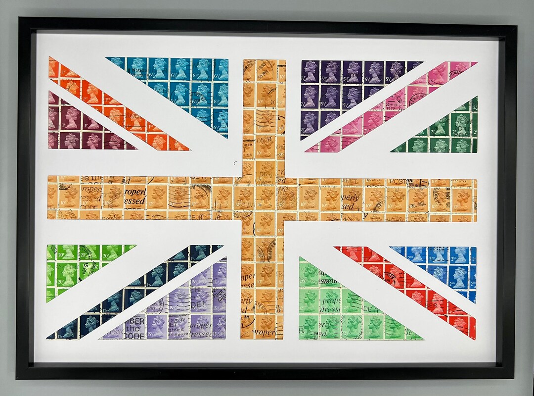 A3 Rainbow Union Jack - Vintage Postage Stamp Art - Union Flag Handmade ...