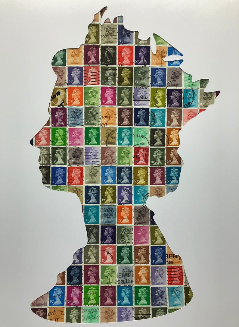 A3 Multicoloured Vintage Postage Stamp Art the Machin Silhouette of ...