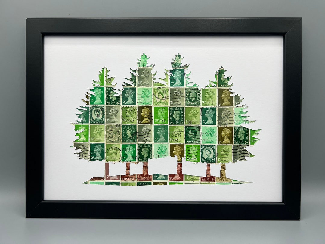 Into the Woods - Vintage Postage Stamp Art - Row of Trees Handmade With ...