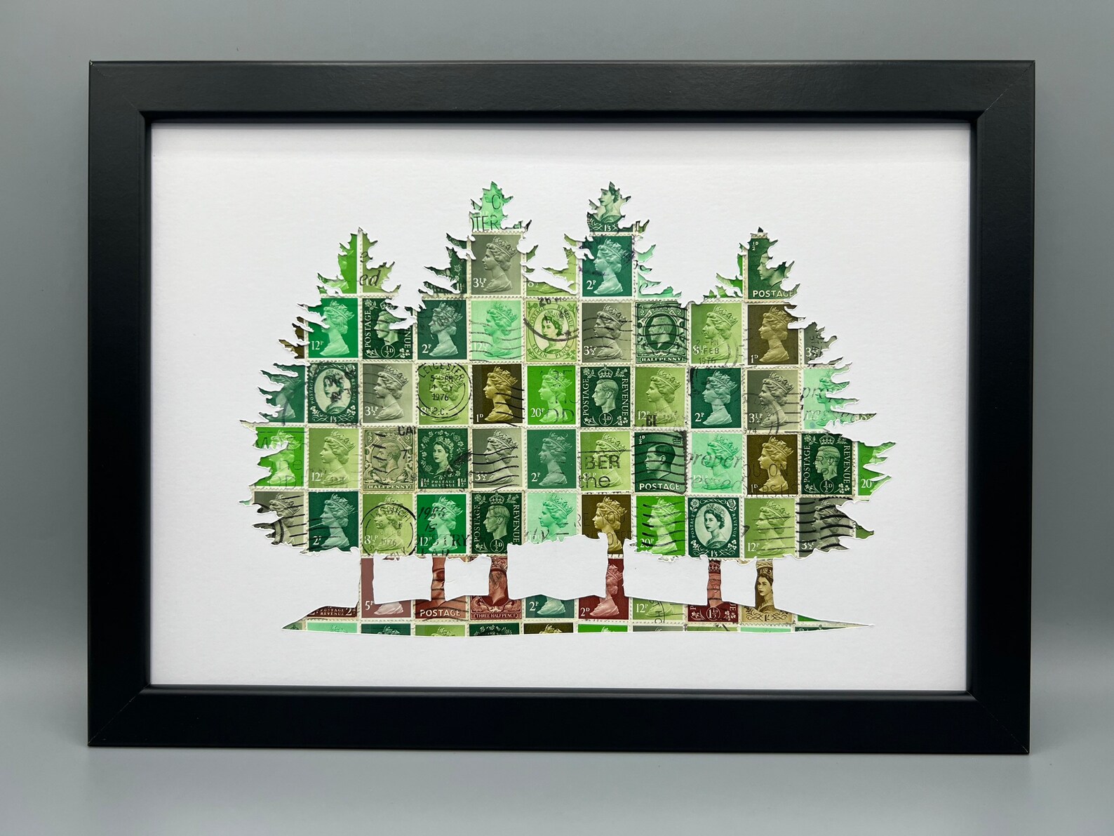 Into the Woods - Vintage Postage Stamp Art - Row of Trees Handmade With ...