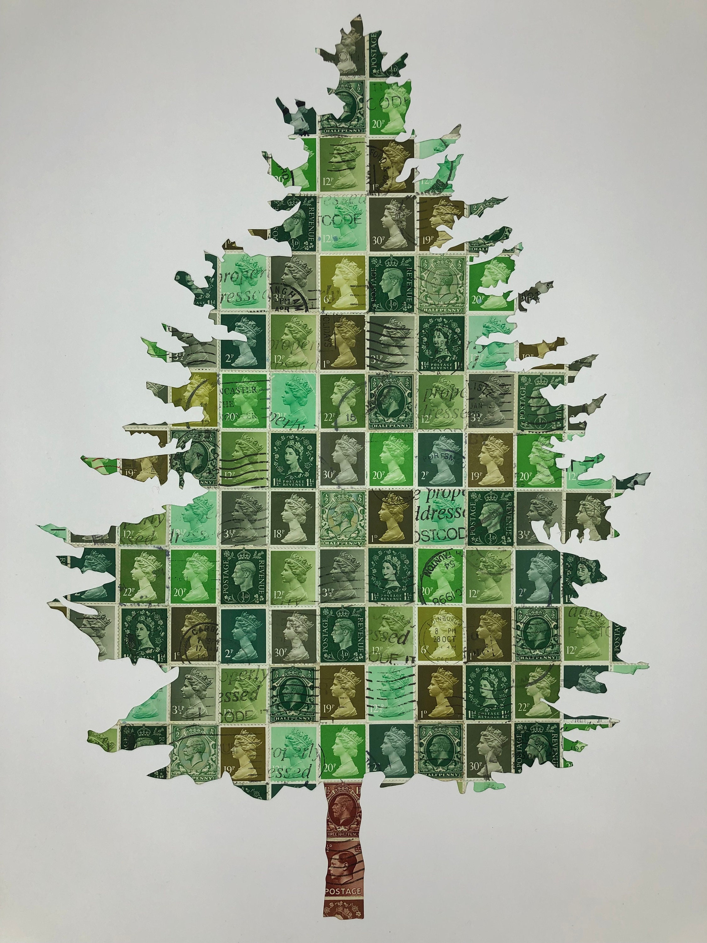 A3 Ever Green - Vintage Postage Stamp Art - A Single Tree Handmade With ...