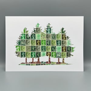 Into the Woods - Vintage Postage Stamp Art - Row of Trees Handmade With ...
