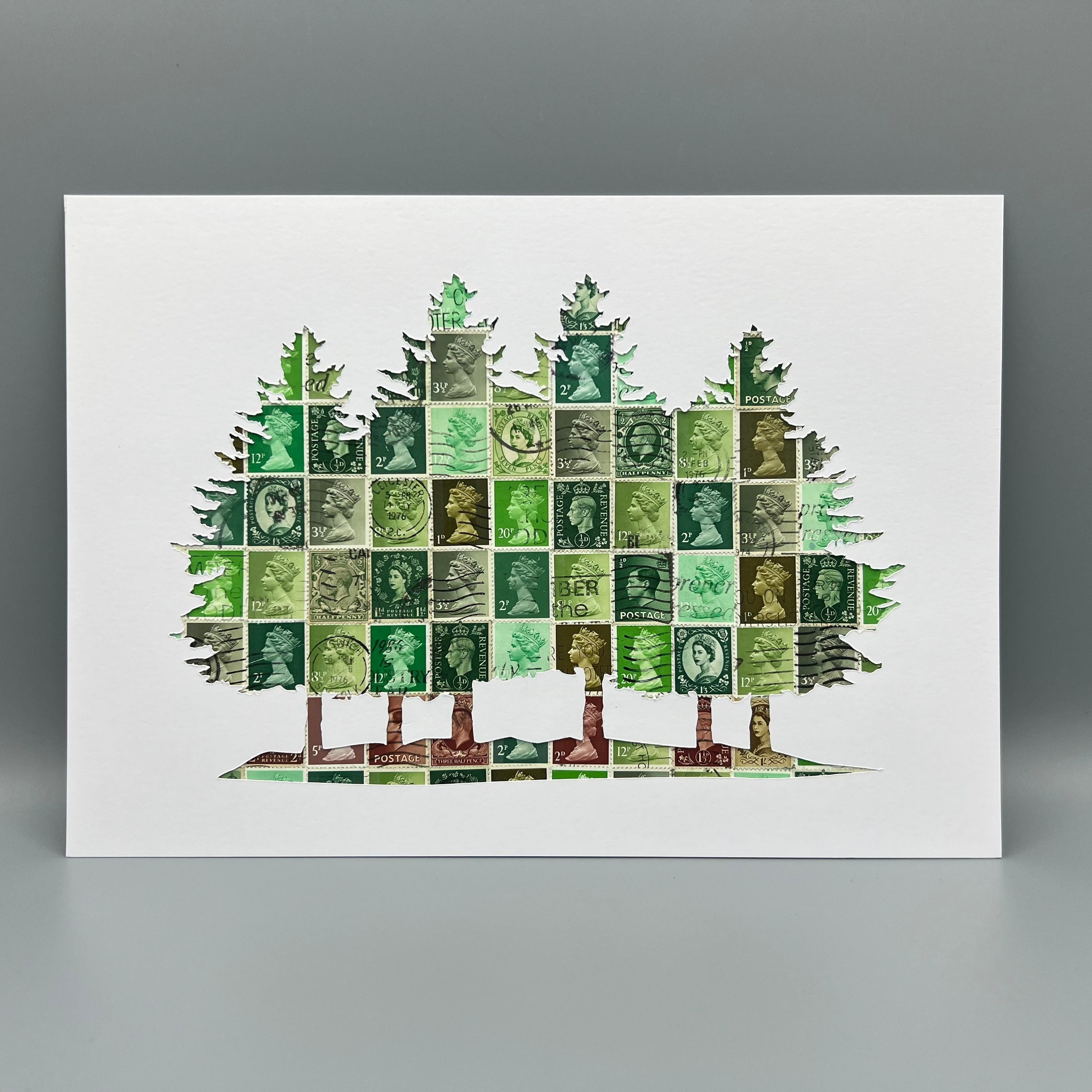 Into the Woods - Vintage Postage Stamp Art - Row of Trees Handmade With ...