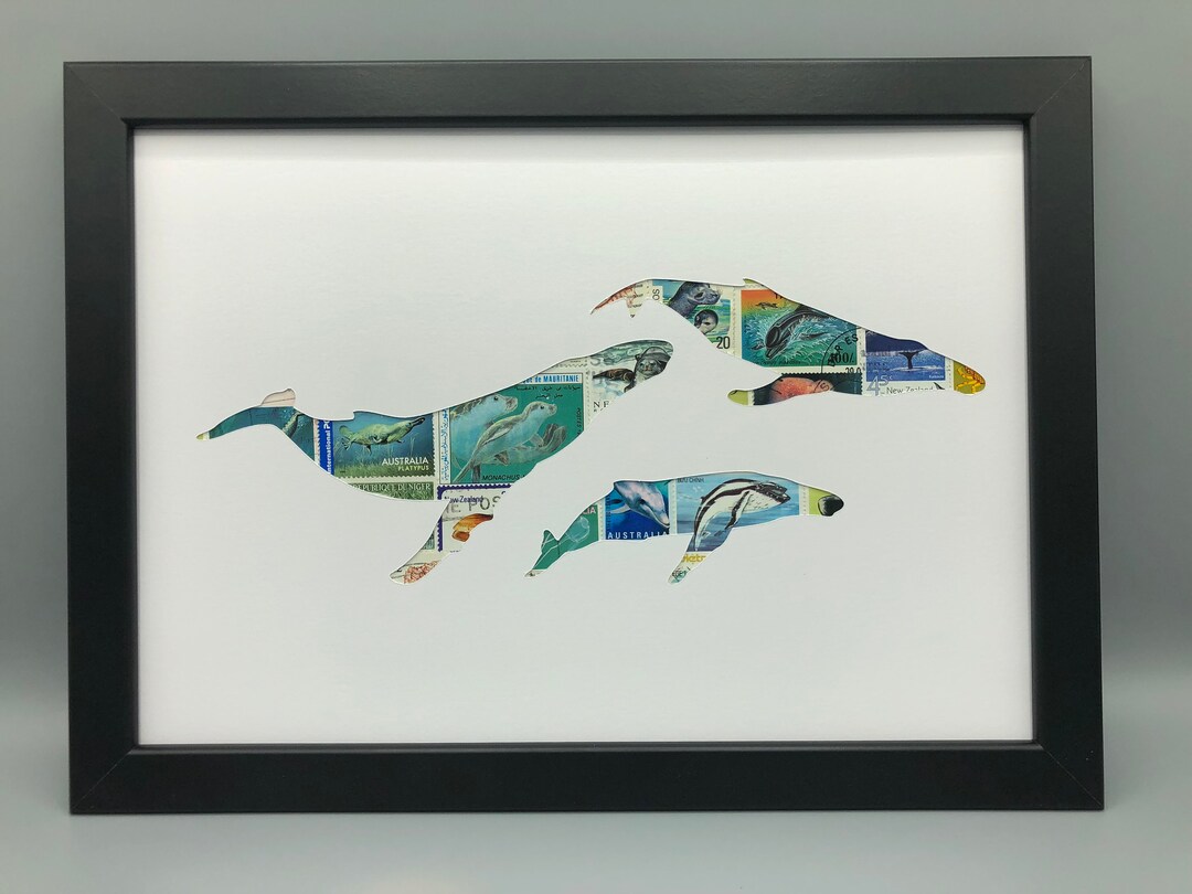 The Pod - Vintage Postage Stamp Art - Whale Pod Handmade With Used Sea ...