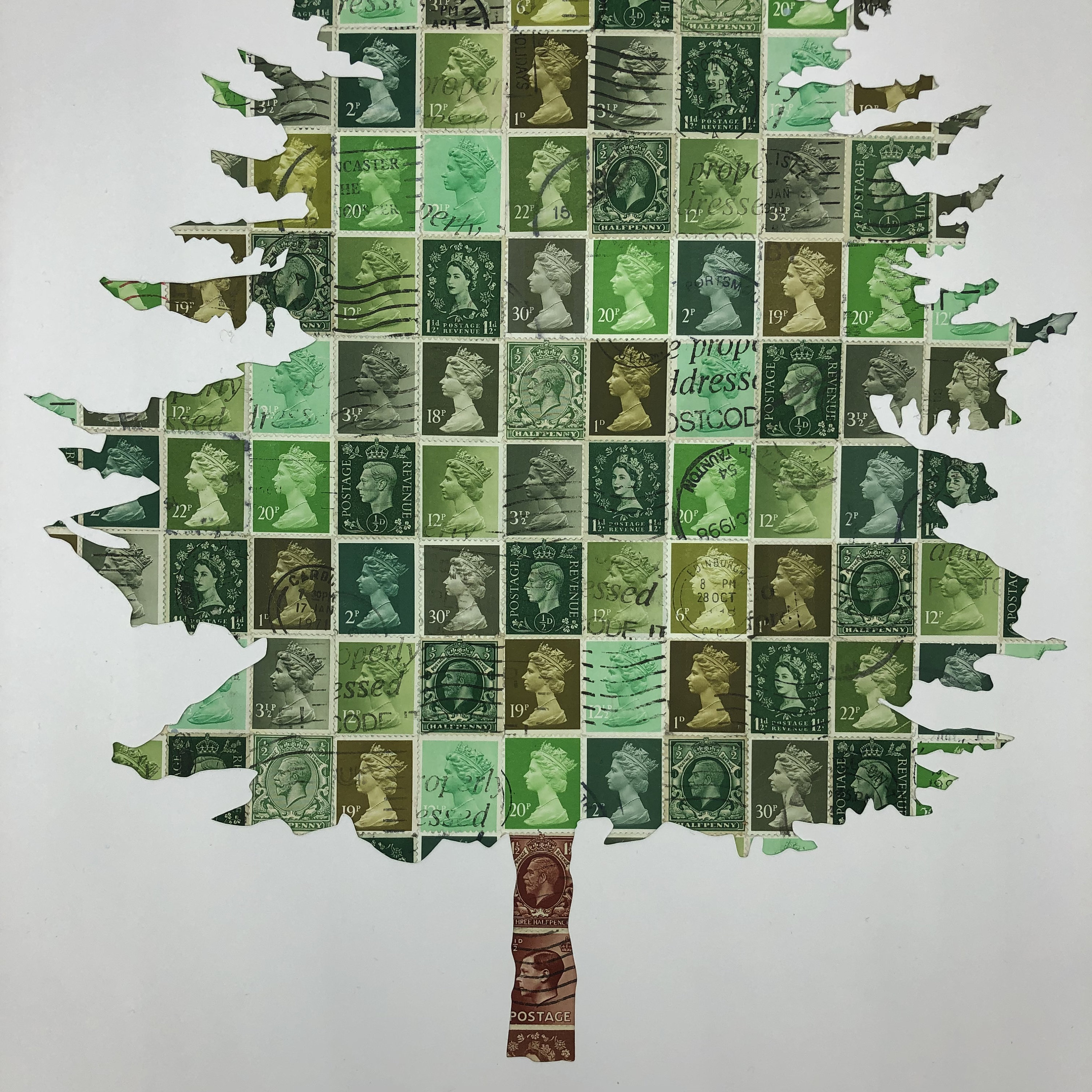 A3 Ever Green - Vintage Postage Stamp Art - A Single Tree Handmade With ...
