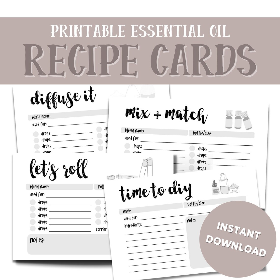 Printable Essential Oil Recipe Cards for Roller Bottles, Diffuser ...
