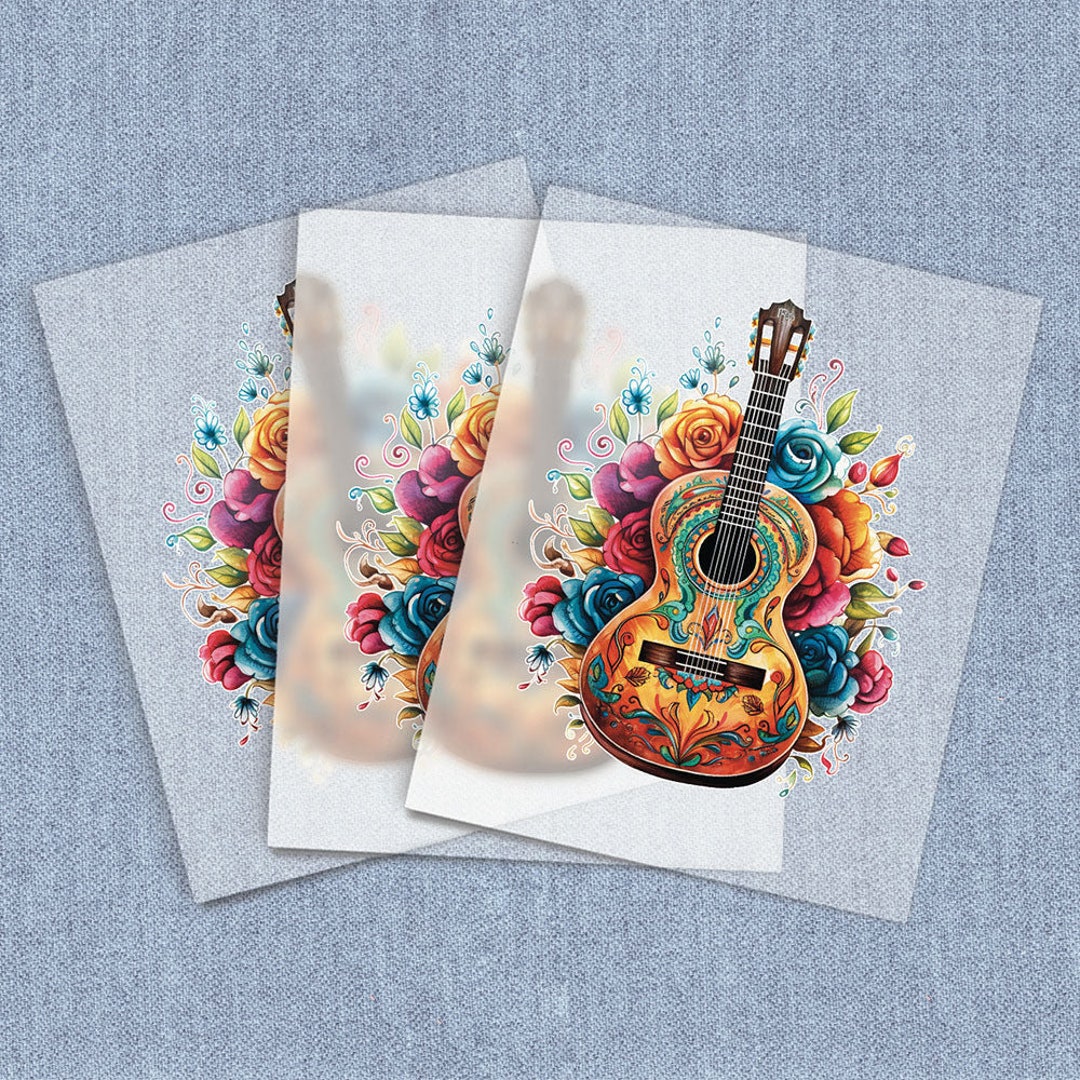 Painted Guitar Iron-on Heat Transfer, Floral DTF Transfers, Home Iron ...