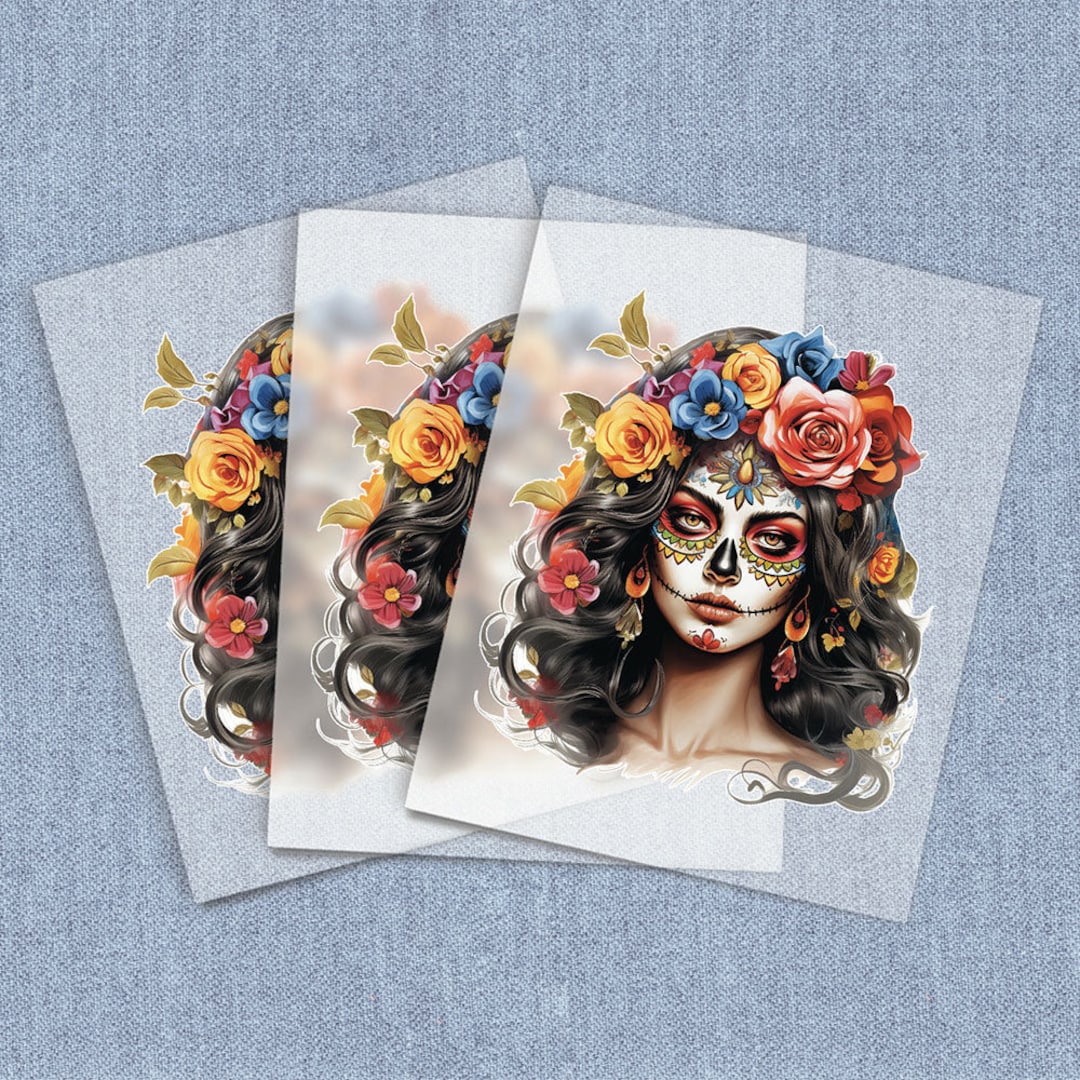 Dia De Los Muertos 3 Iron-on Heat Transfer, Floral DTF Transfers, Home Iron Day of the Dead ...