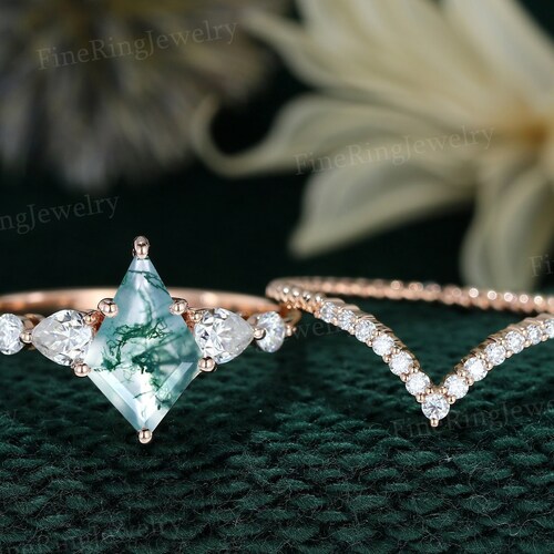 Kite Cut Moss Agate Engagement Ring Set Unique Rose Gold Ring - Etsy