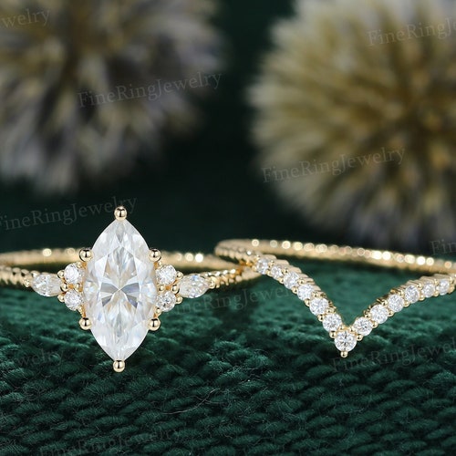Unique Marquise Cluster Moissanite Engagement Ring Set Vintage - Etsy