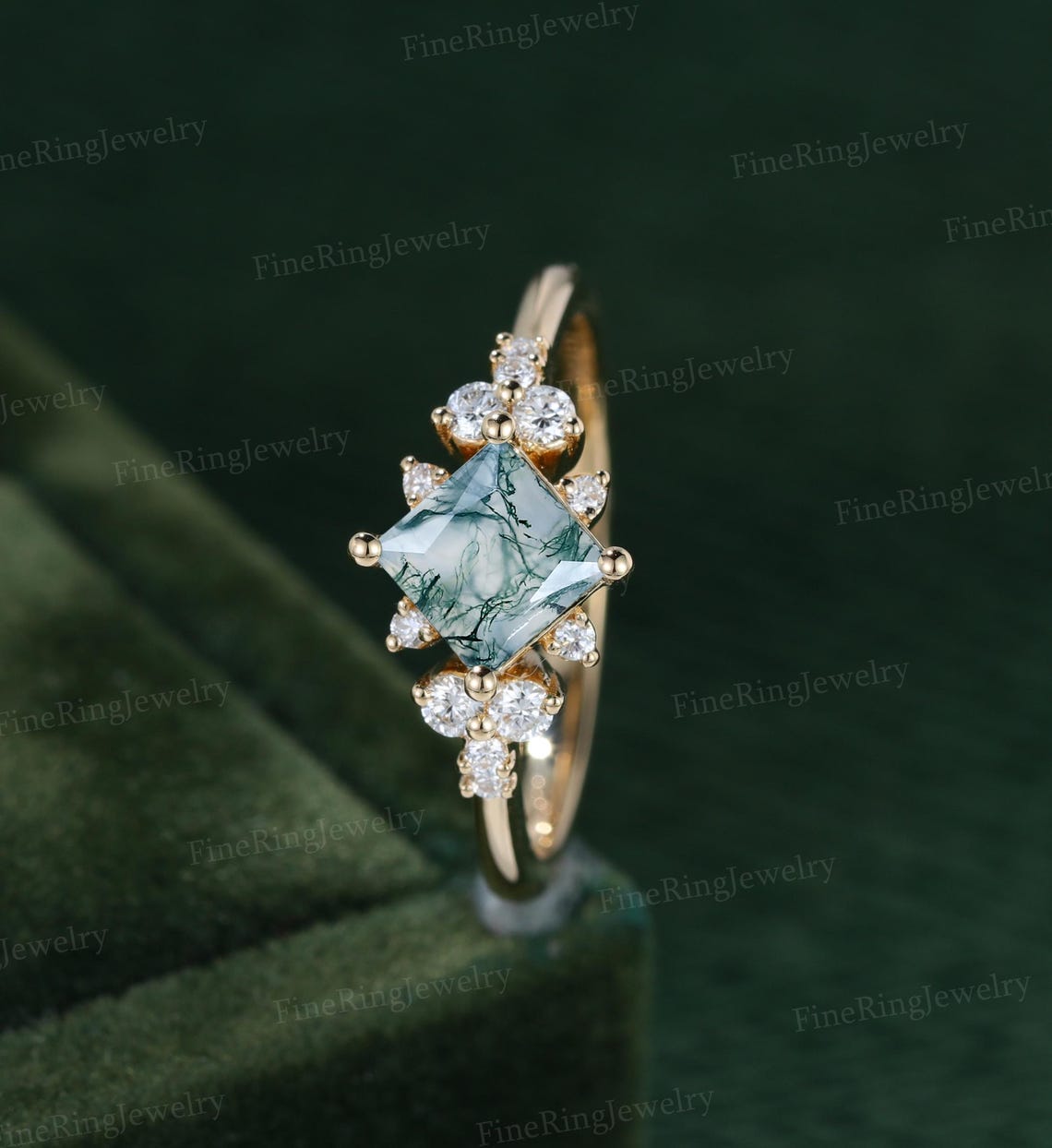 Princess Cut Vintage Moss Agate Engagement Ring 14K Yellow Gold ...