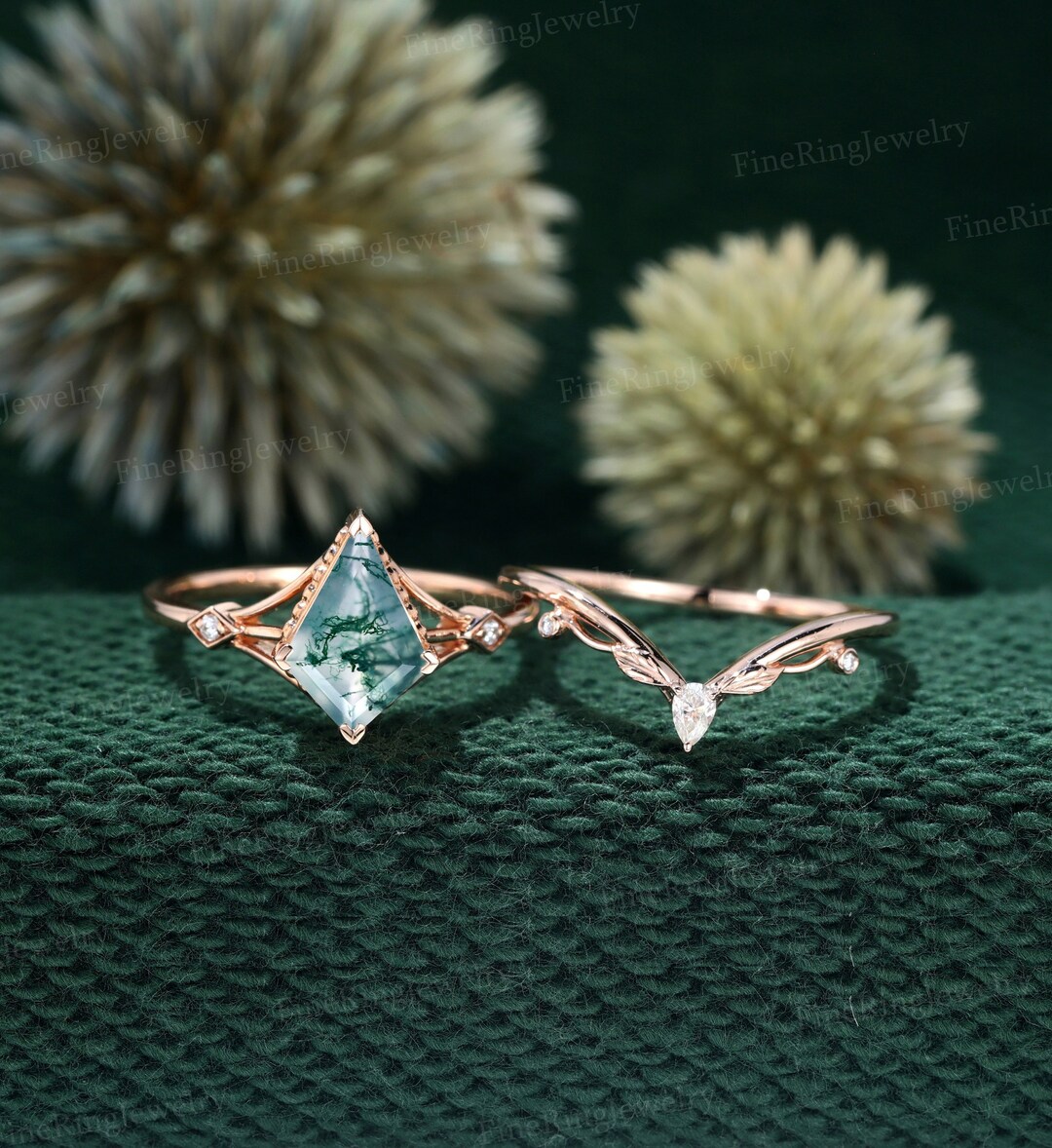 Kite Cut Moss Agate Engagement Ring Set Vintage Engagement Ring Unique Rose Gold Diamond Leaf ...