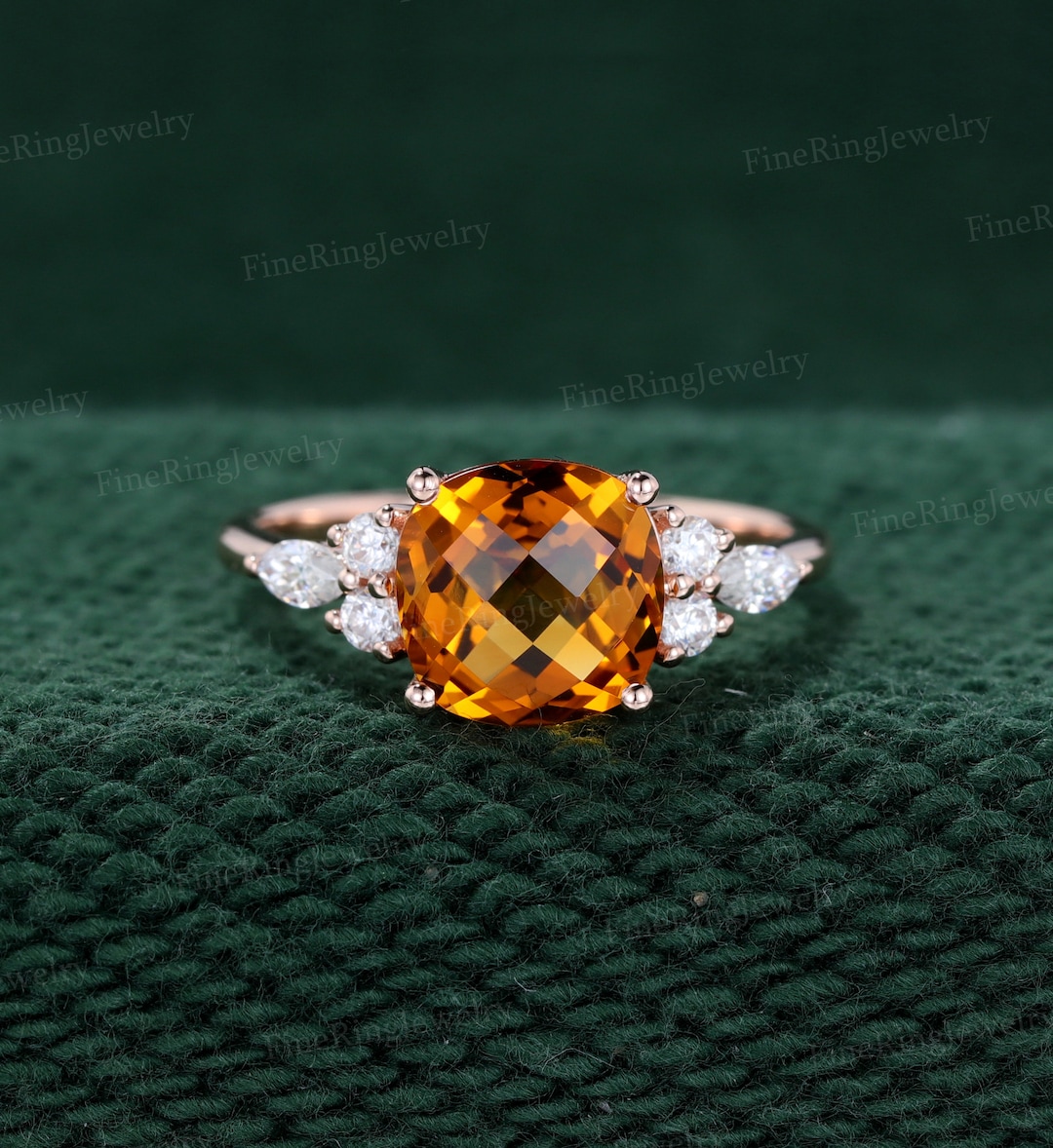 Square Citrine Engagement Ring Vintage Unique Rose Gold Moissanite ...
