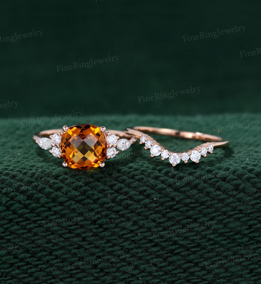 Square Citrine Engagement Ring Set Vintage Unique Rose Gold Moissanite ...