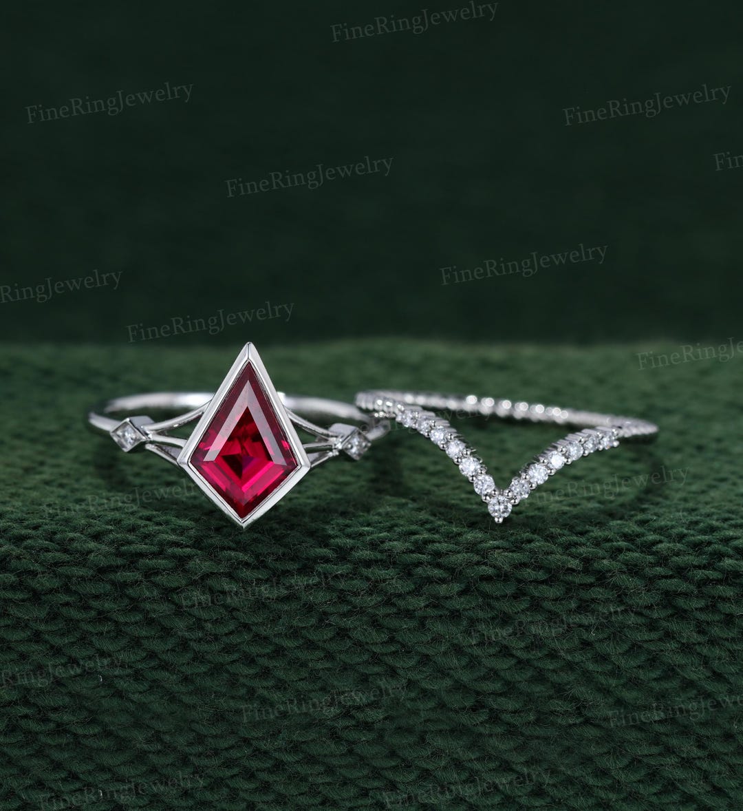 Unique Kite Cut Lab Ruby Engagement Ring Set 14k White Gold Engagement ...