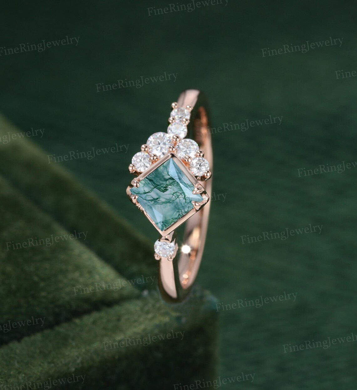 Princess Cut Moss Agate Engagement Ring Unique Vintage Rose Gold ...
