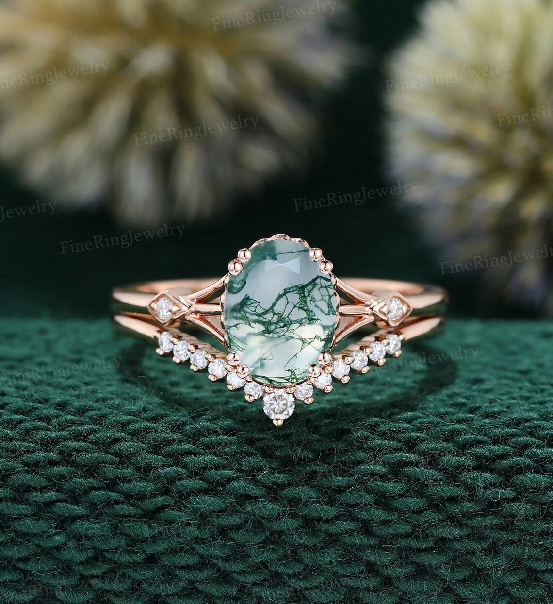 Unique Oval Moss Agate Engagement Ring Set Vintage Engagement Ring Set ...
